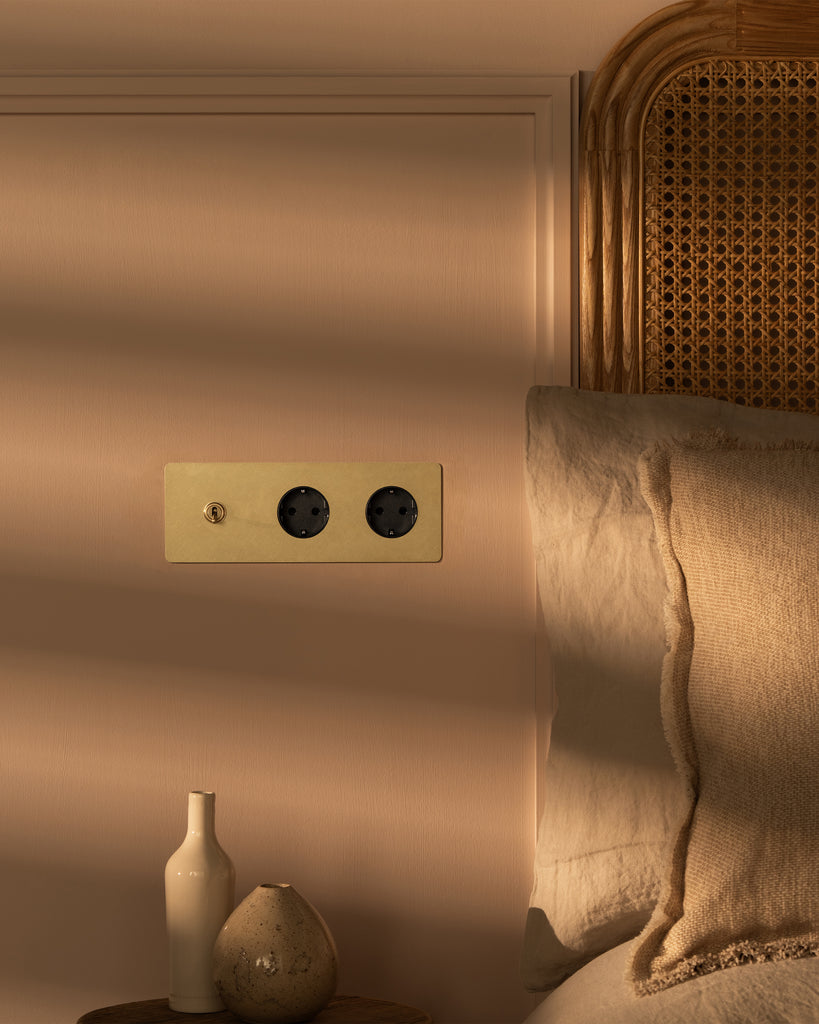 Triple Toggle & 2x Schuko Module Round Antique Brass Black | Switches ...